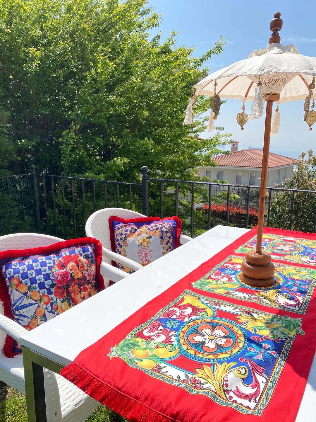 Sicilian Outdoor Table Runner Cushion Set, Balcony Garden Decor - Etsy