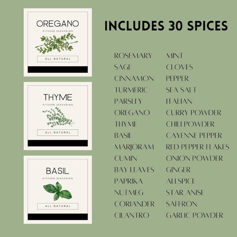 30 Minimalist Printable Spice Labels | INSTANT DOWNLOAD | Kitchen ...