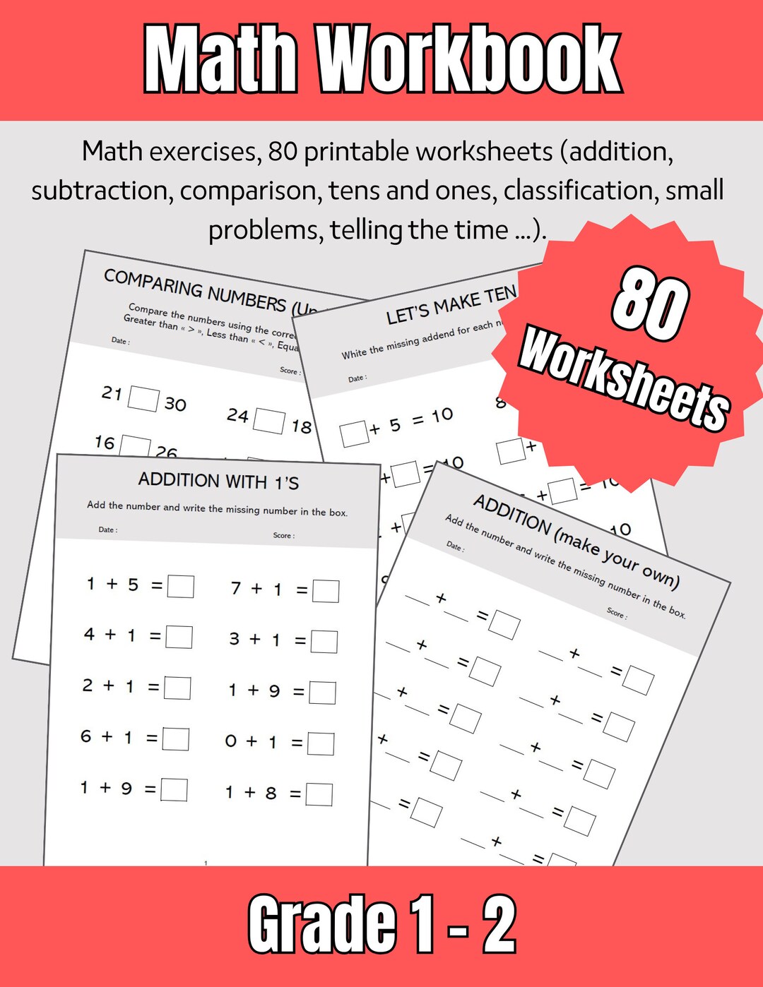 Math Workbook worksheets Printable : Grade 1 2 - Etsy
