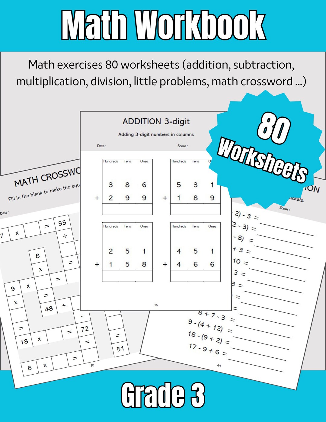 Math Workbook Worksheets Printable Grade 3 Etsy