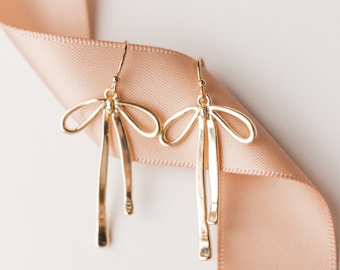 Gold Bow Earrings, Bow Earrings, Gold Ribbon Earrings, Simple Hair Bow Earrings, Valentines Day ...