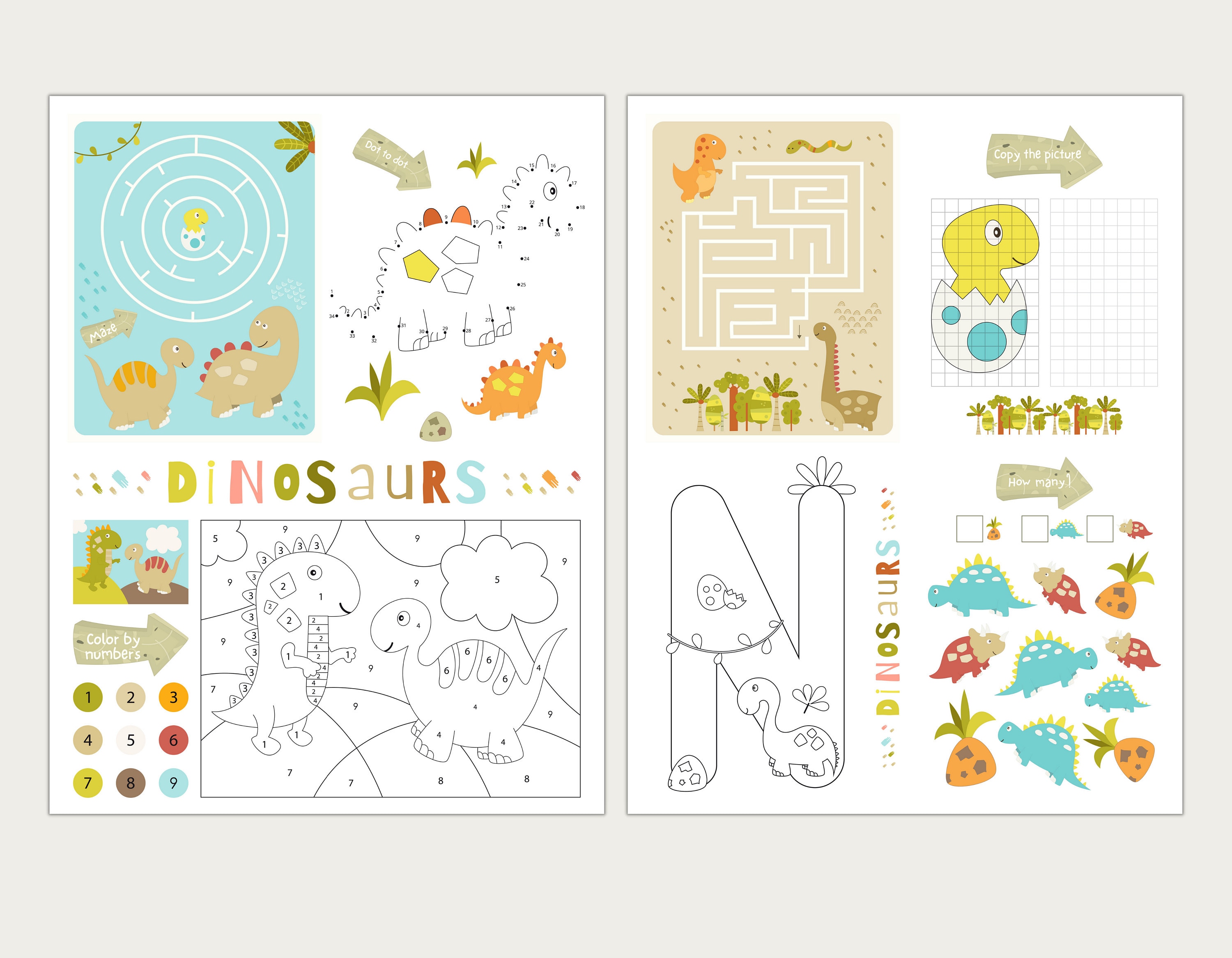 DINOSAUR Activity Book, 10 Printable Kids Activity Pages, Home School ...