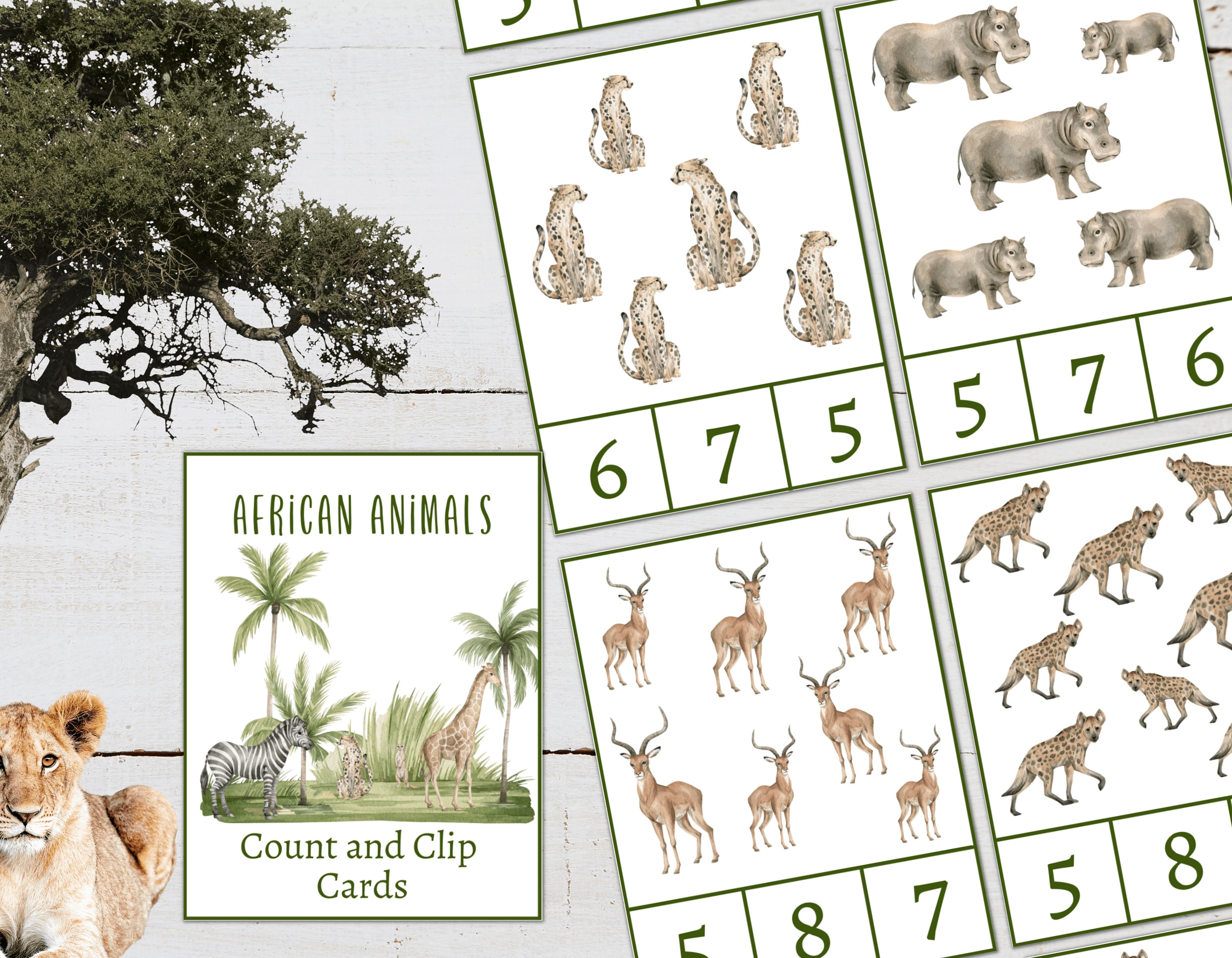 AFRICAN Animals Count and Clip Cards, 1 to 12 Counting, Activity for ...