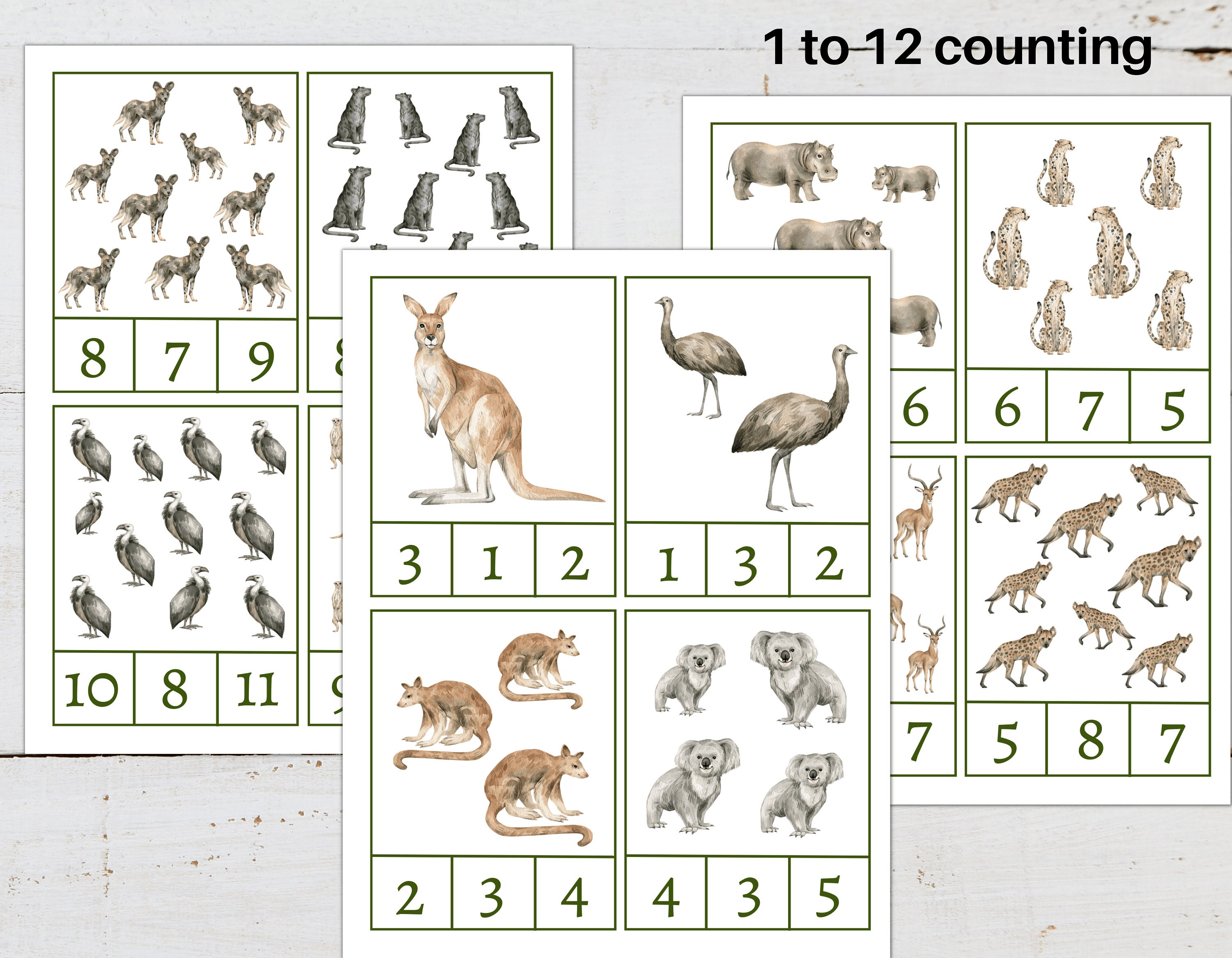 AFRICAN Animals Count and Clip Cards, 1 to 12 Counting, Activity for ...