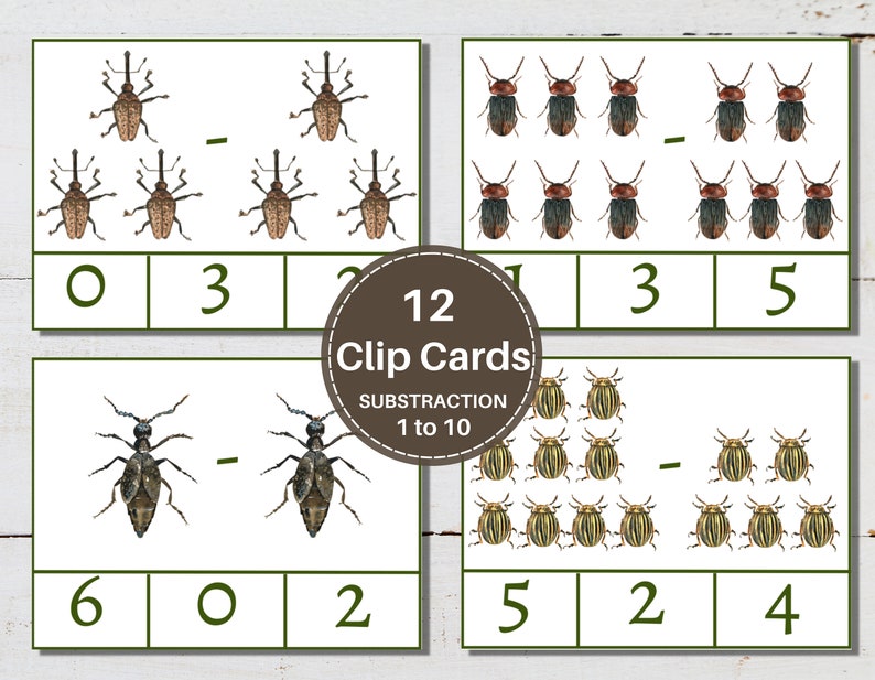 BEETLES Subtraction Clip Cards, 1 to 10, Early Math Activity for Kids ...