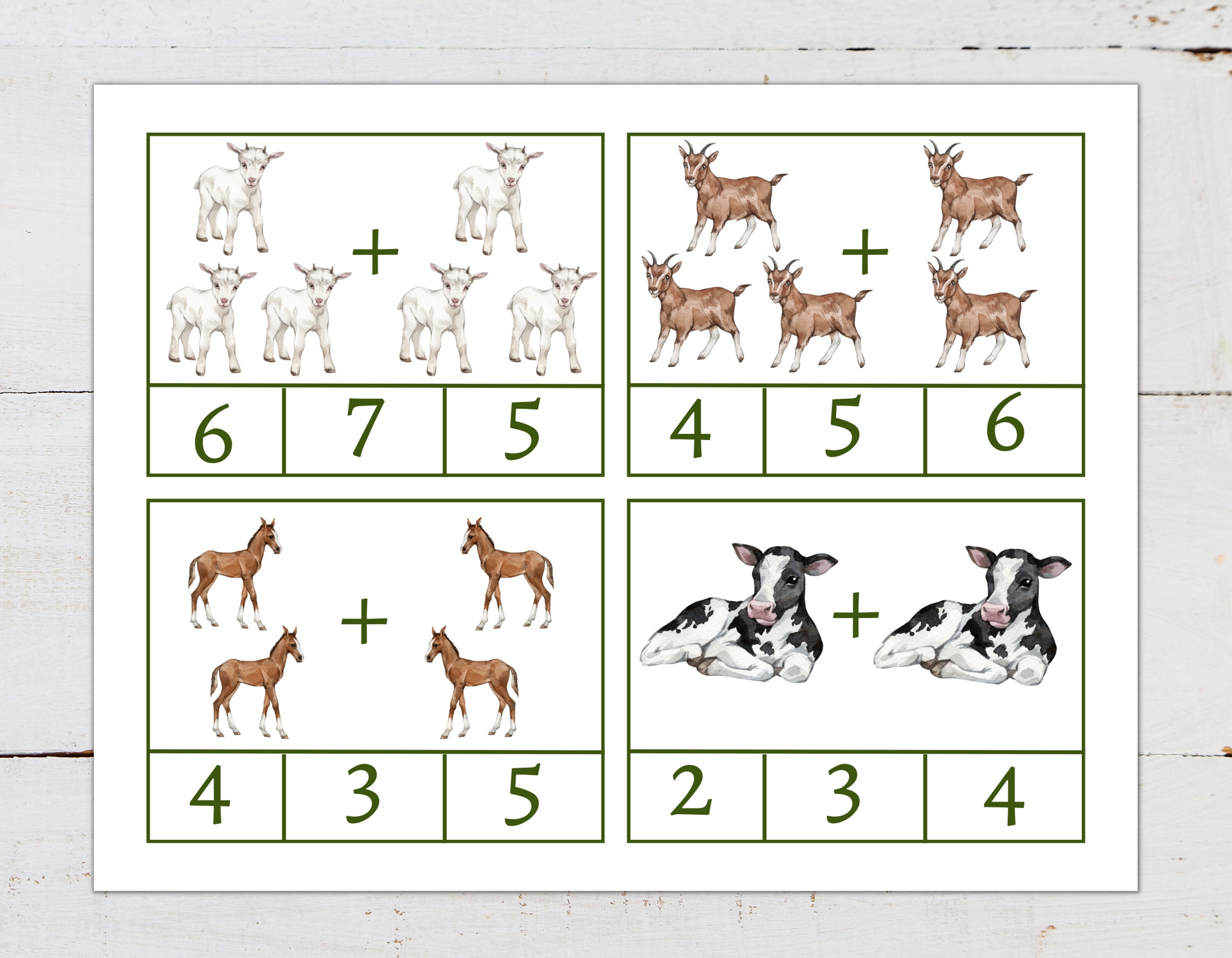 FARM ANIMALS Addition Clip Cards, 1 to 10, Early Math Activity for Kids ...