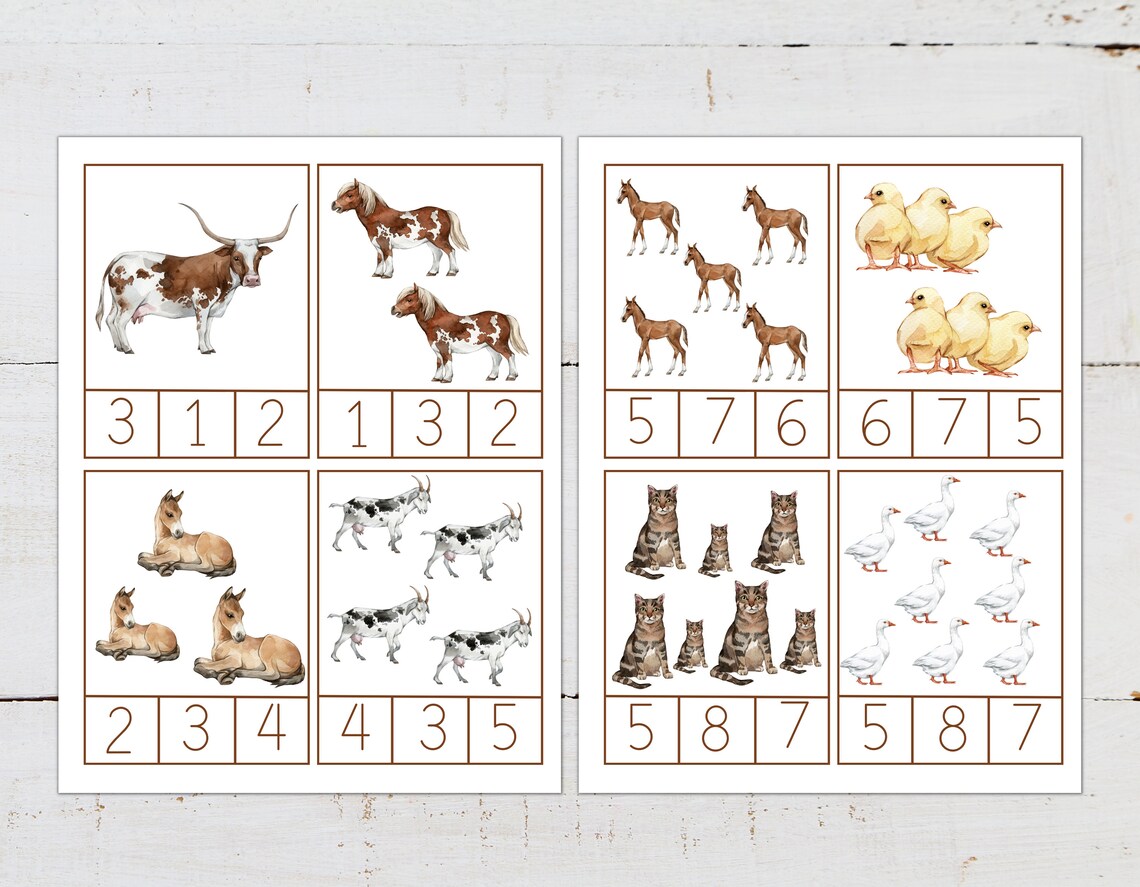 FARM ANIMALS Count and Clip Cards, 1 to 12 Counting, Spring Activity ...