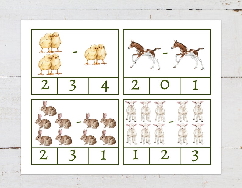 FARM ANIMALS Subtraction Clip Cards 1 to 10 Early Math - Etsy