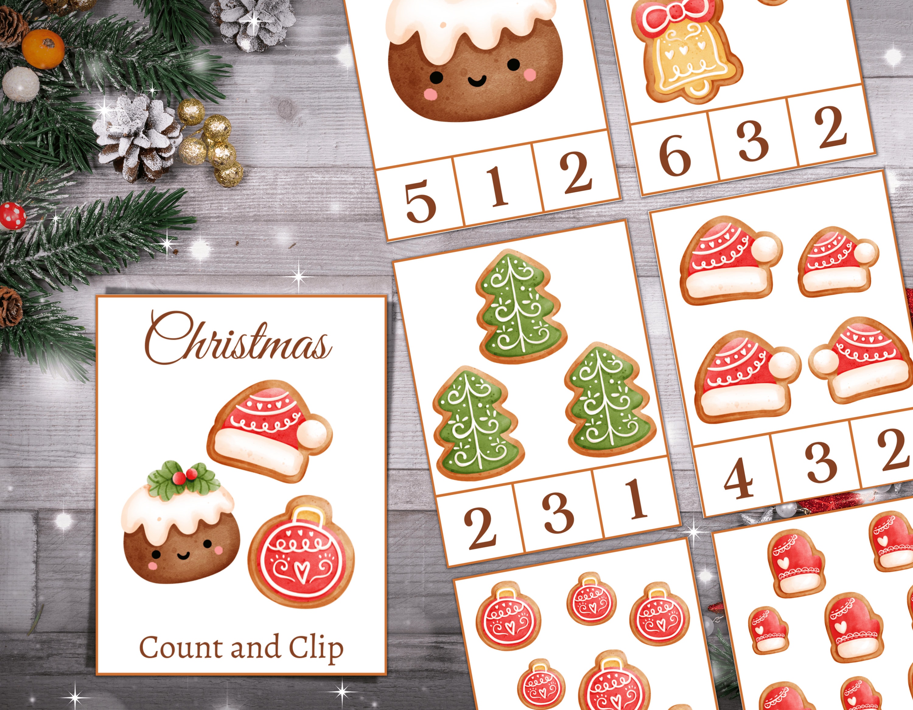 Christmas Count and Clip Cards, 1 to 20 Counting, Gingerbread Cookies ...