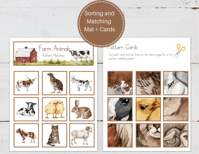 FARM ANIMALS Pattern Matching Mat, Montessori, Nature Study Cards ...