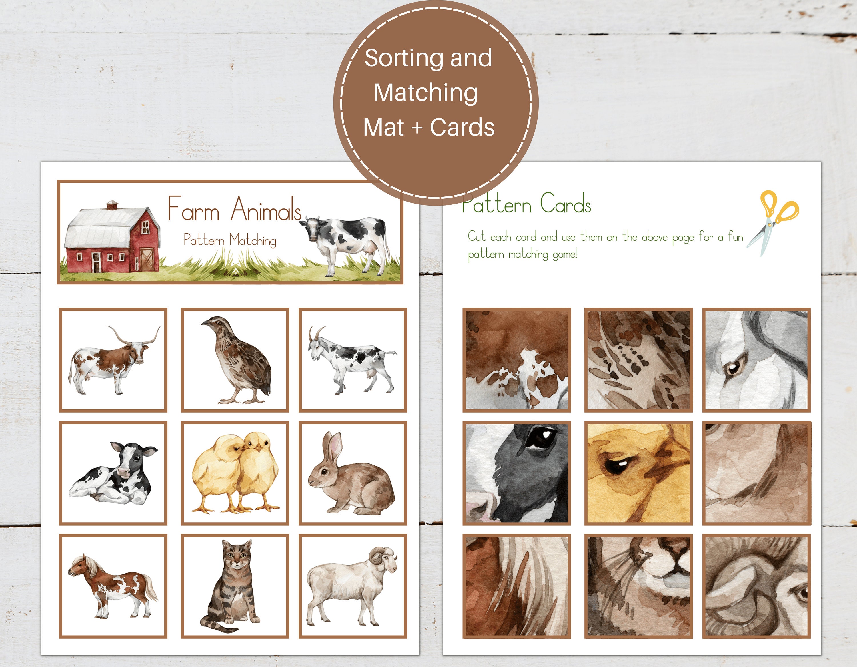 FARM ANIMALS Pattern Matching Mat, Montessori, Nature Study Cards ...