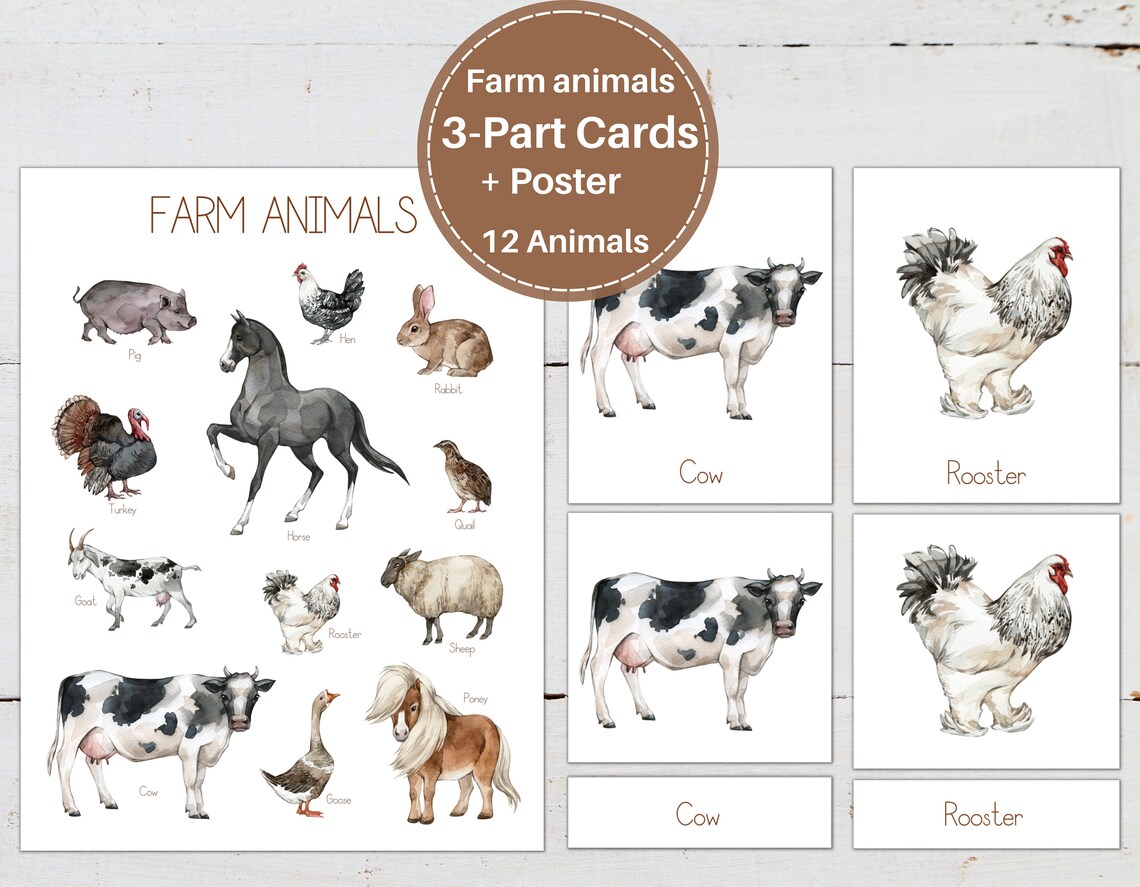 FARM ANIMALS Mini Poster 3-part Cards, Printable, Homeschool ...