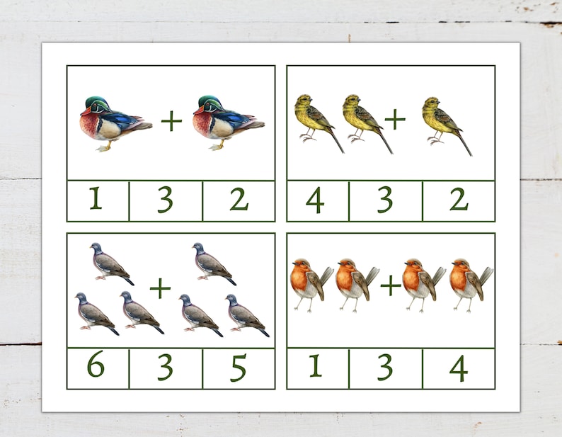 BIRD Addition Clip Cards, 1 to 10, Early Math Activity for Kids ...