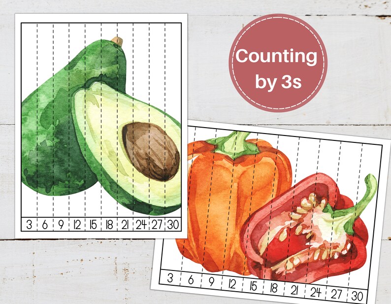 FRUIT and VEGETABLES Number Sequence Puzzles, Skip Counting, Printable ...