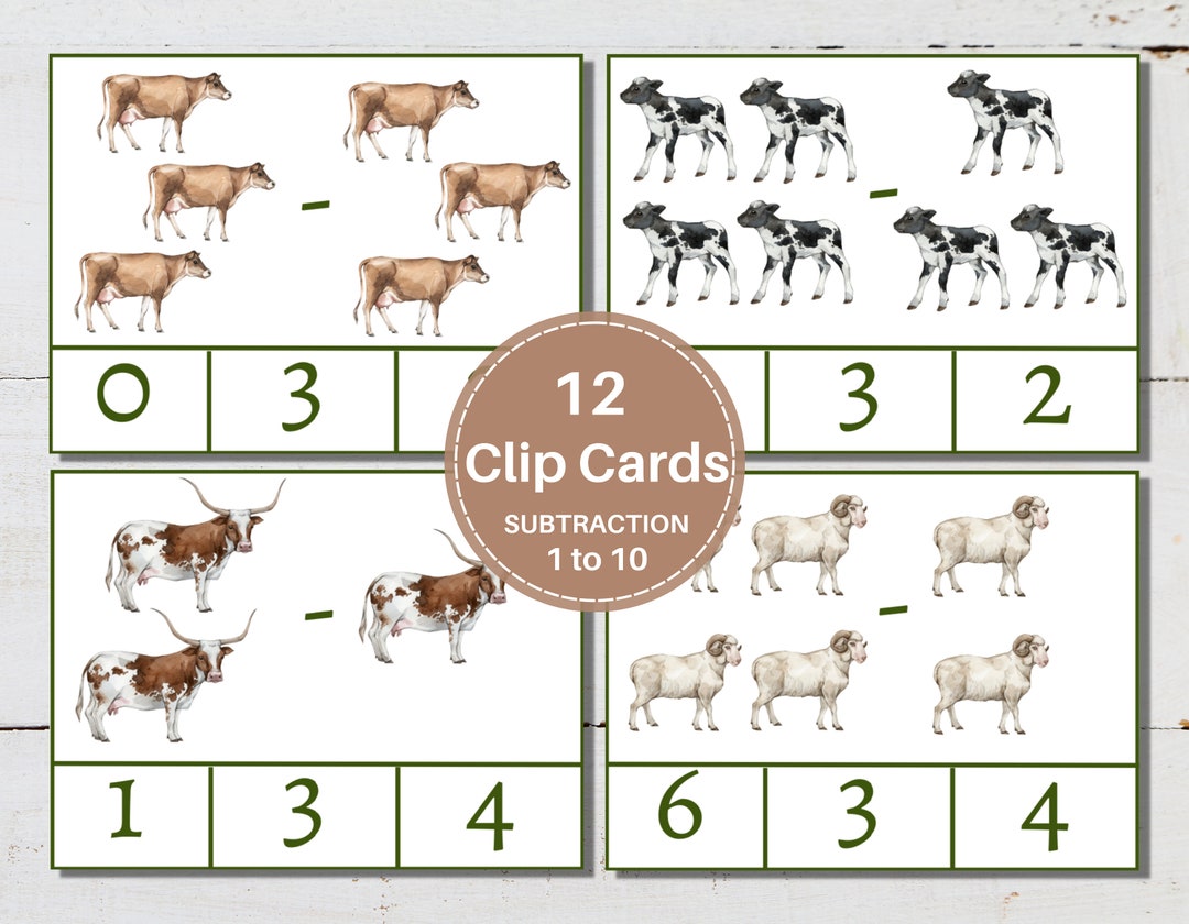 FARM ANIMALS Subtraction Clip Cards, 1 to 10, Early Math Activity for ...