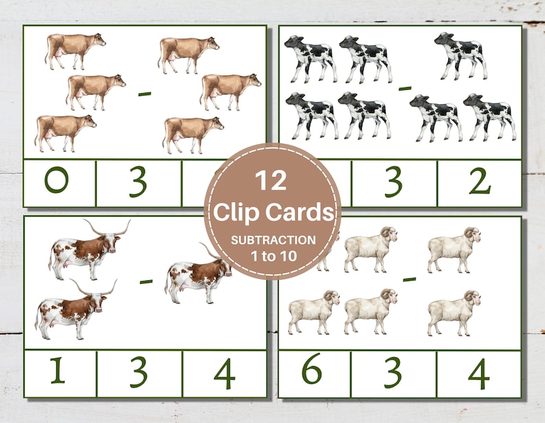FARM ANIMALS Subtraction Clip Cards 1 to 10 Early Math - Etsy