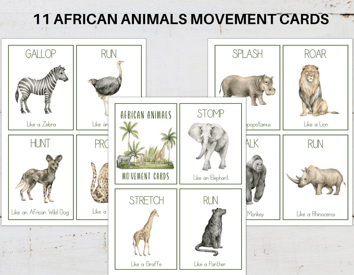 ANIMAL MOVEMENT CARDS, African Animals, Calm Down Activity, Kids ...