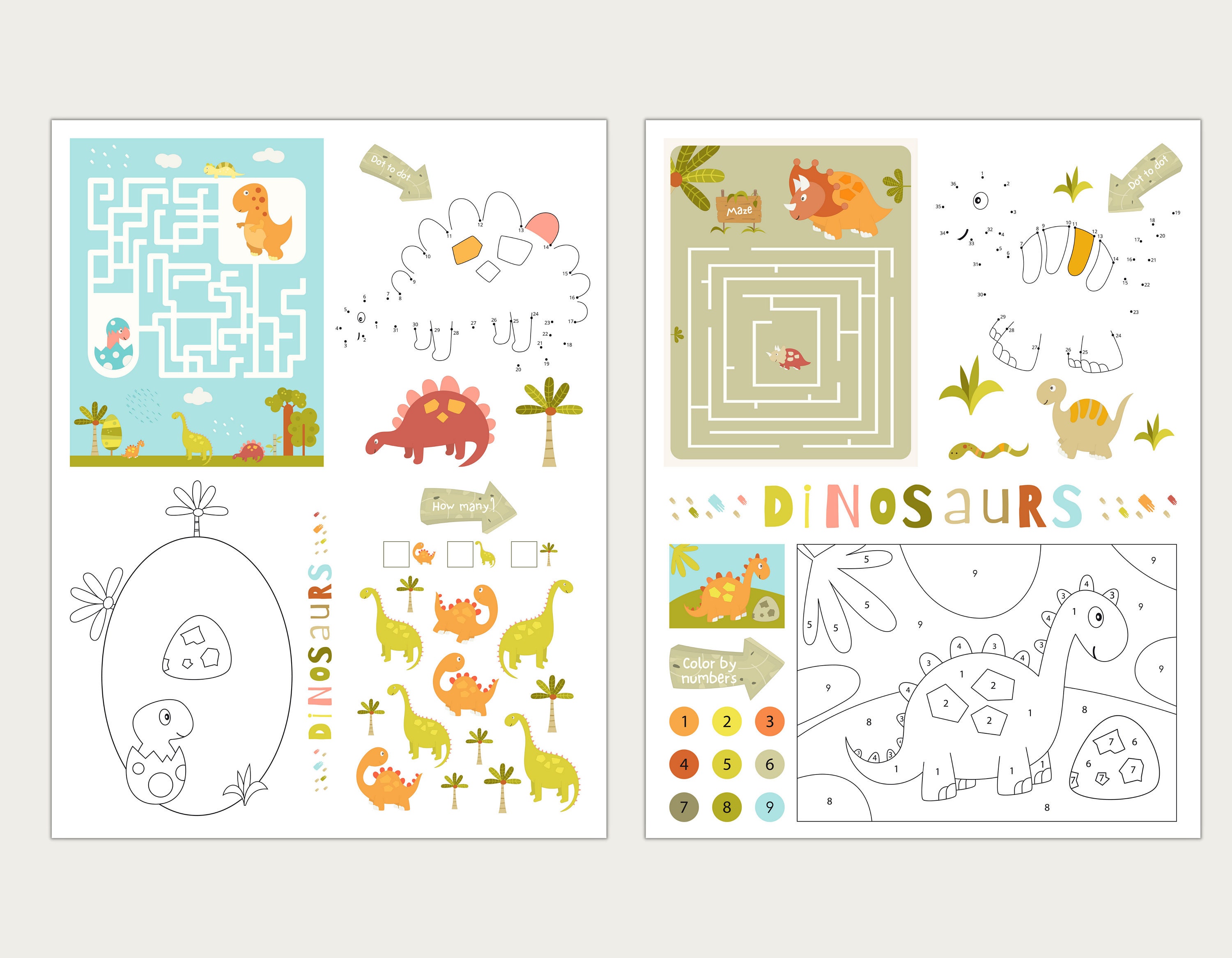 DINOSAUR Activity Book, 10 Printable Kids Activity Pages, Home School ...