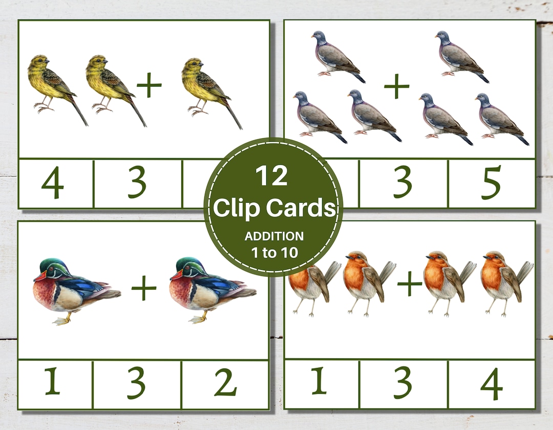 BIRD Addition Clip Cards, 1 to 10, Early Math Activity for Kids ...