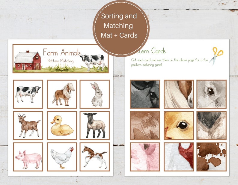 FARM ANIMALS Pattern Matching Mat, Montessori, Nature Study Cards ...