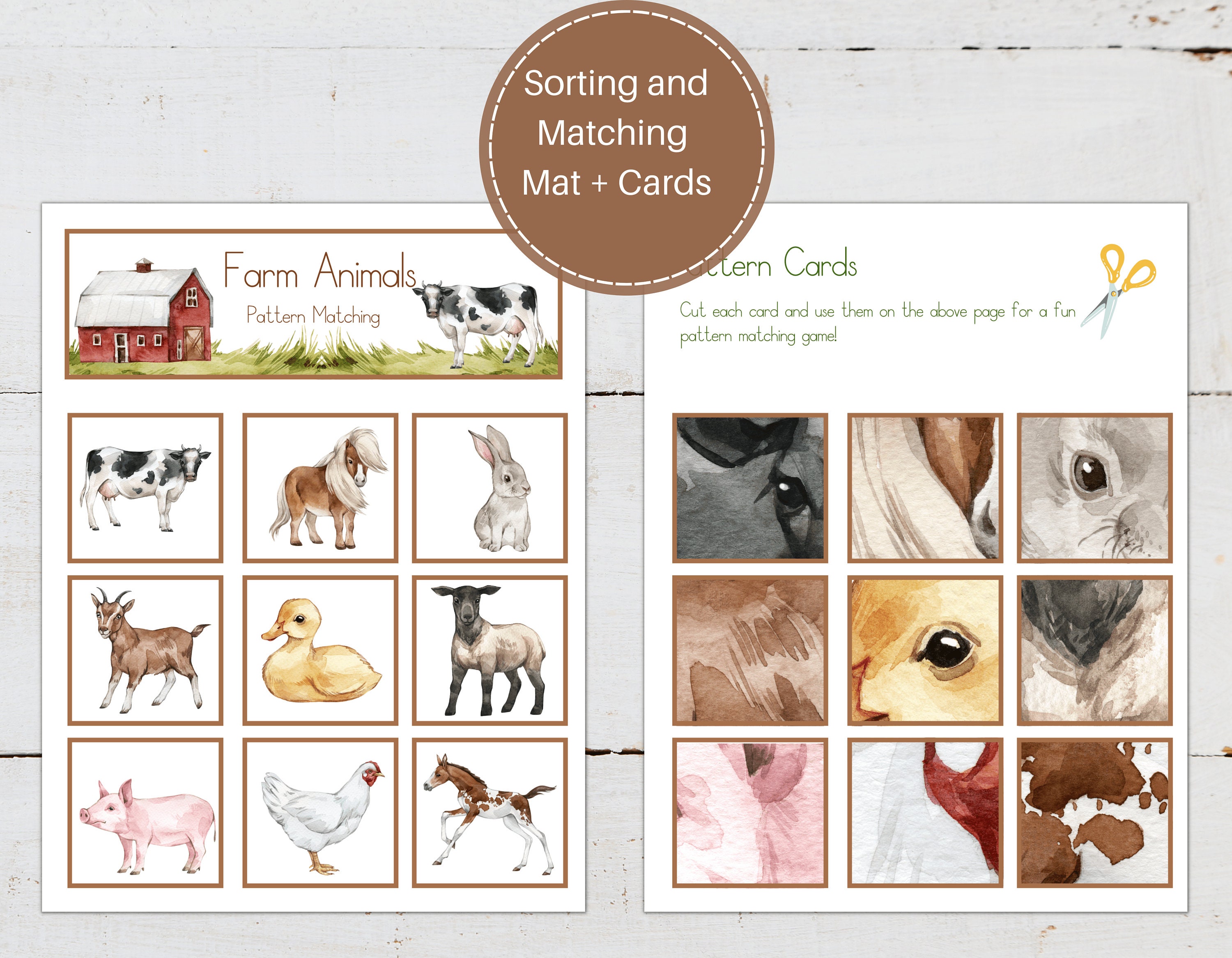 FARM ANIMALS Pattern Matching Mat, Montessori, Nature Study Cards ...
