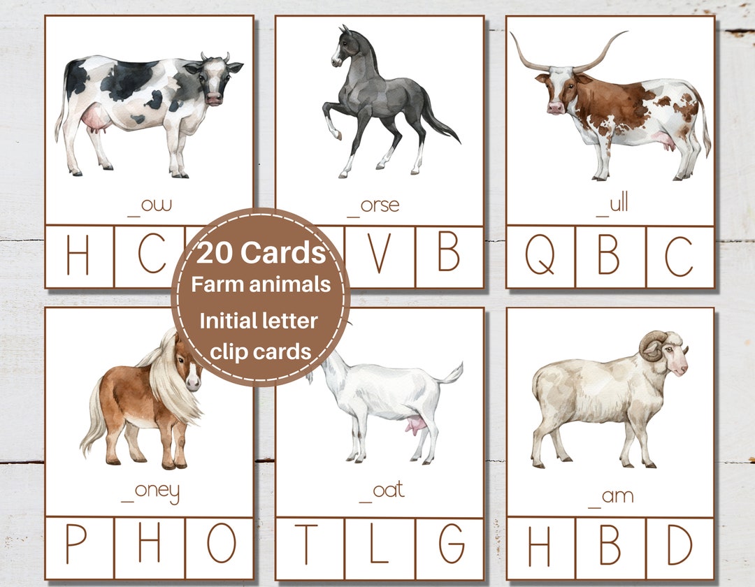 FARM Animals Initial Letter Clip Cards, 20 Cards, Activity for Kids ...