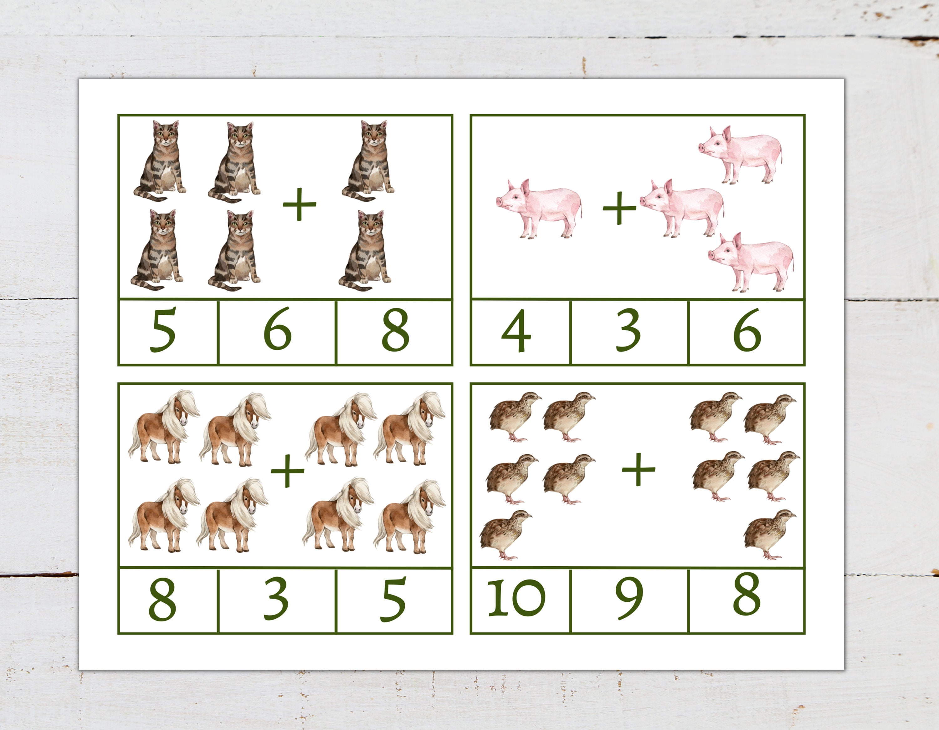 FARM ANIMALS Addition Clip Cards, 1 to 10, Early Math Activity for Kids ...