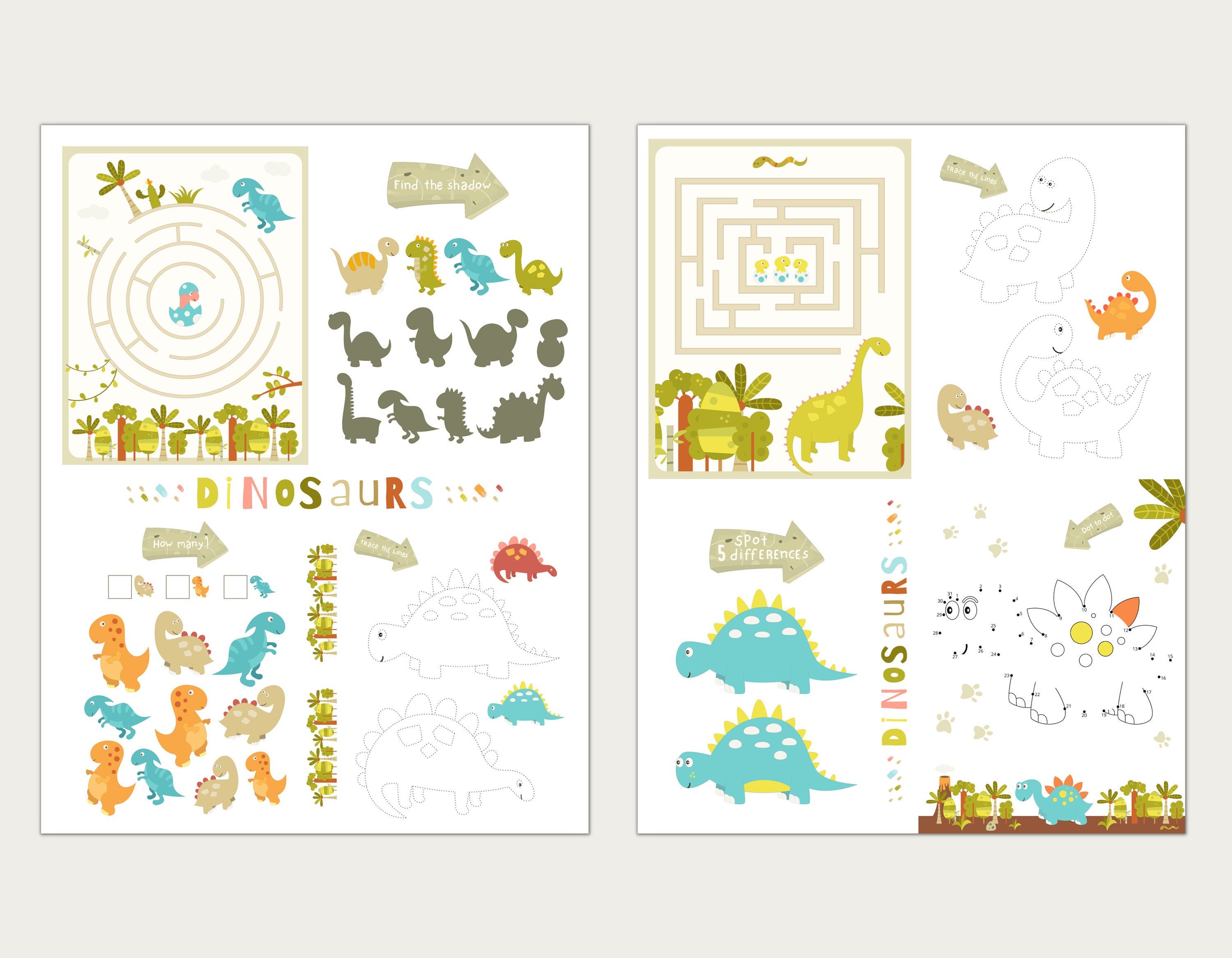 DINOSAUR Activity Book, 10 Printable Kids Activity Pages, Home School ...