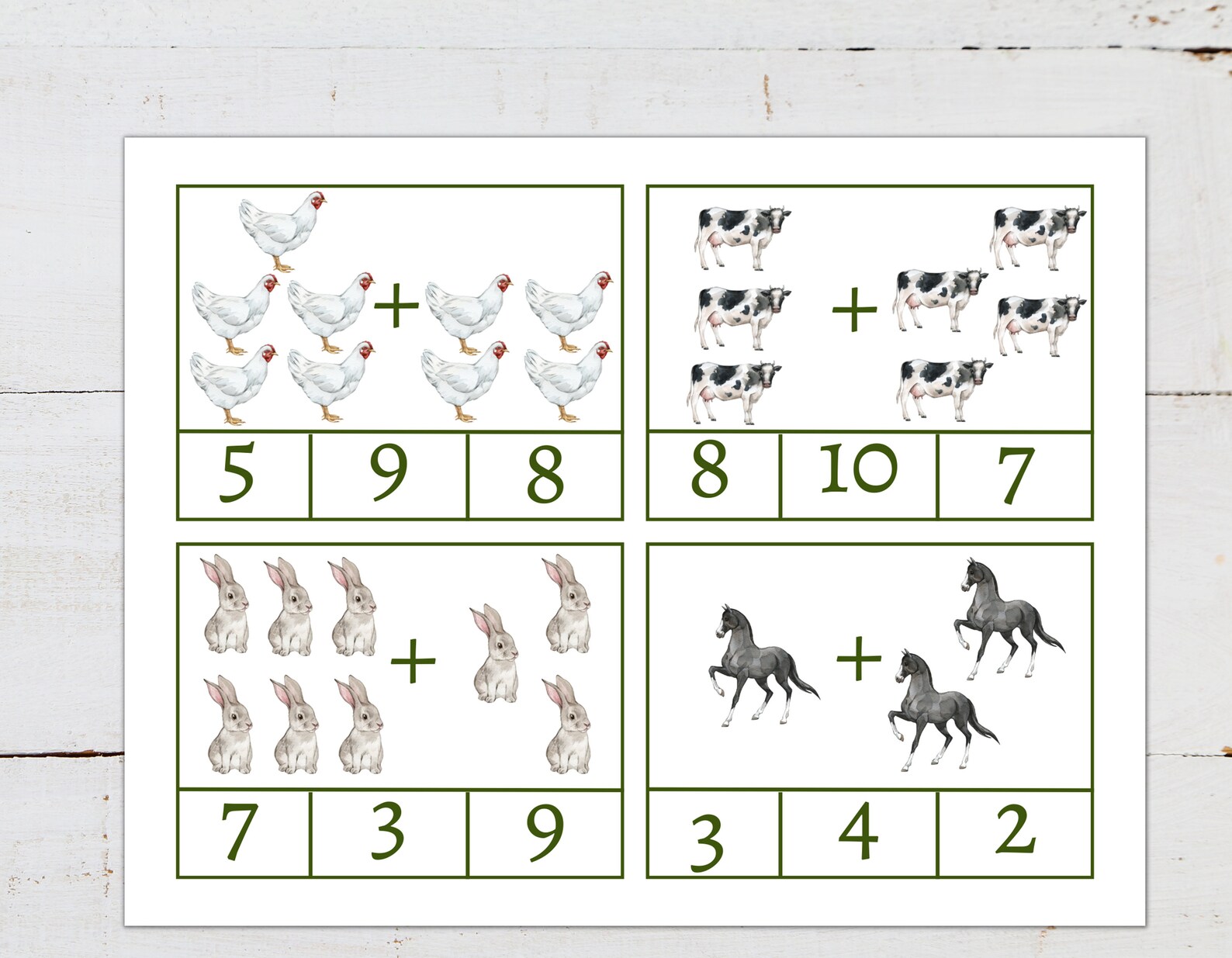 FARM ANIMALS Addition Clip Cards, 1 to 10, Early Math Activity for Kids ...
