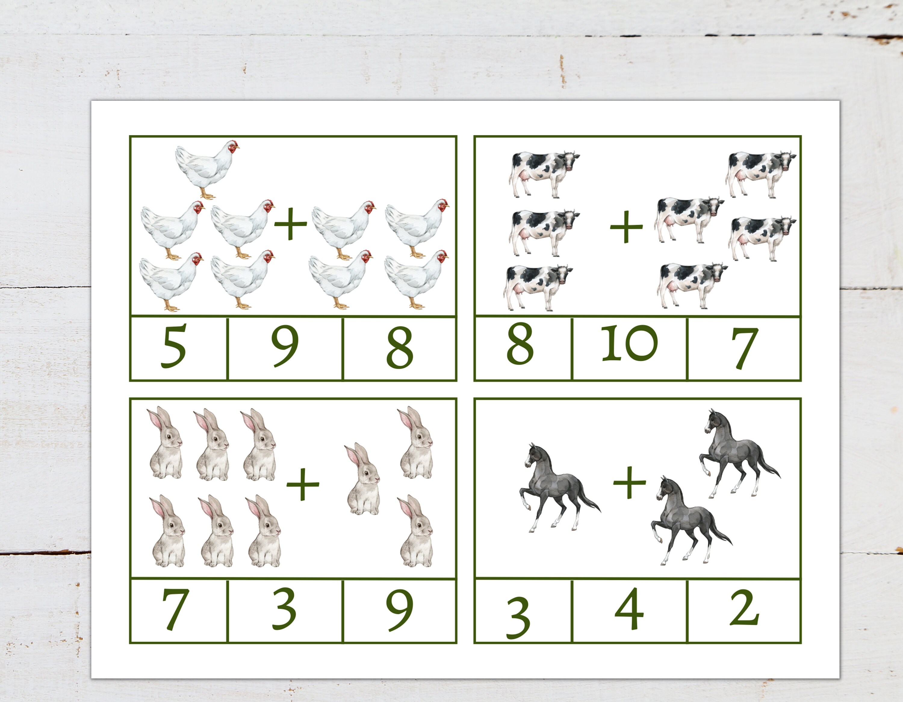 FARM ANIMALS Addition Clip Cards, 1 to 10, Early Math Activity for Kids ...