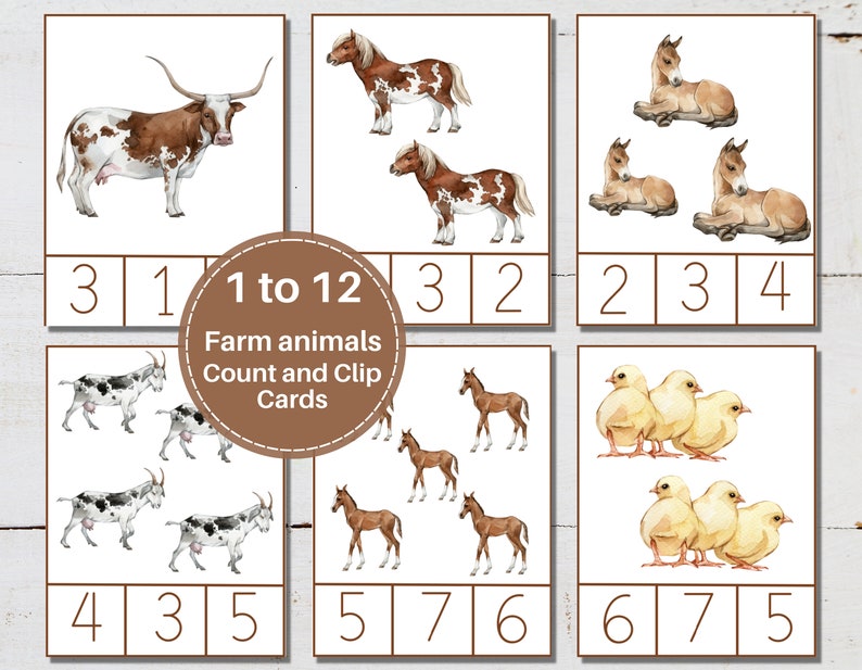 FARM ANIMALS Count and Clip Cards, 1 to 12 Counting, Spring Activity ...