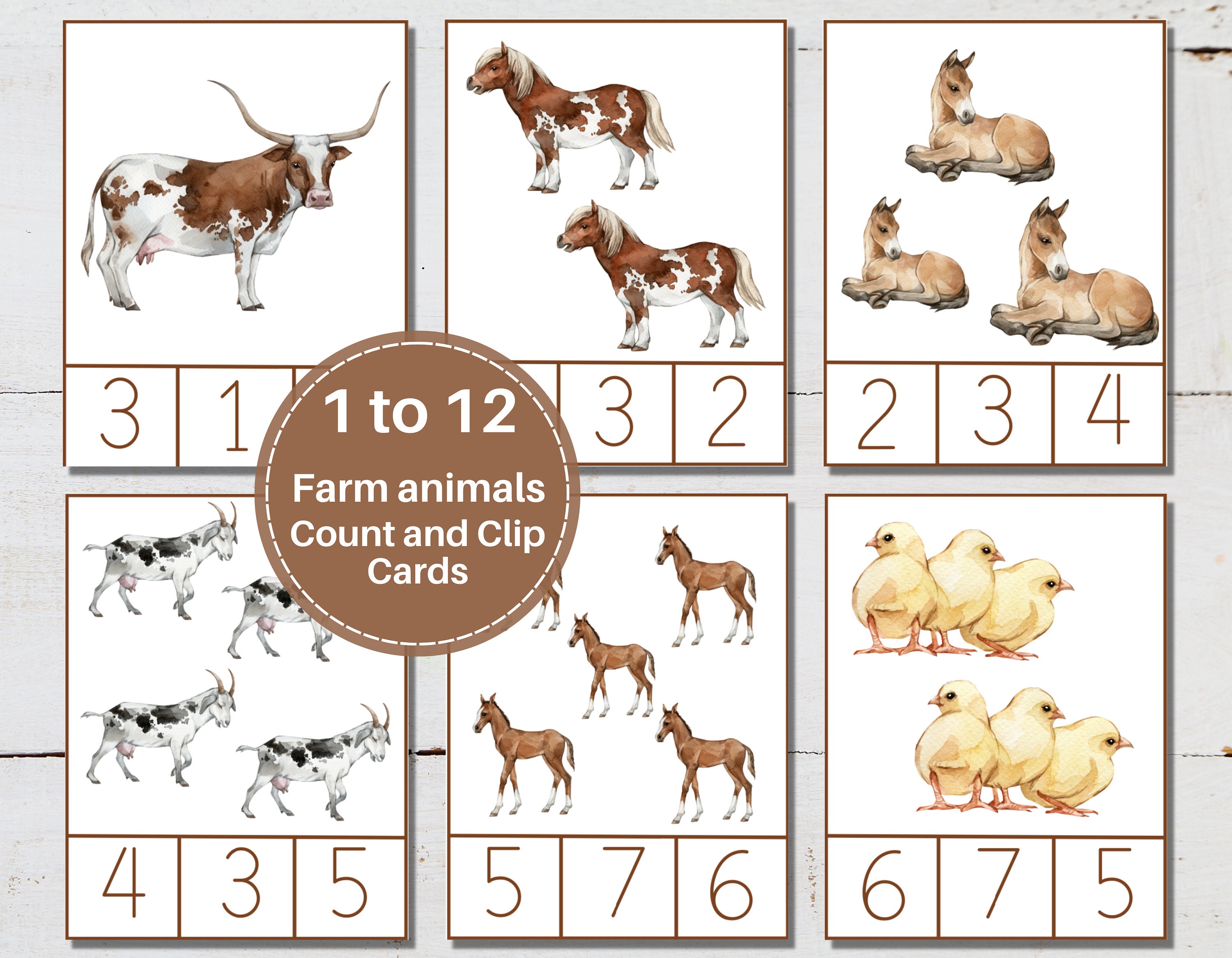 FARM ANIMALS Count and Clip Cards, 1 to 12 Counting, Spring Activity ...