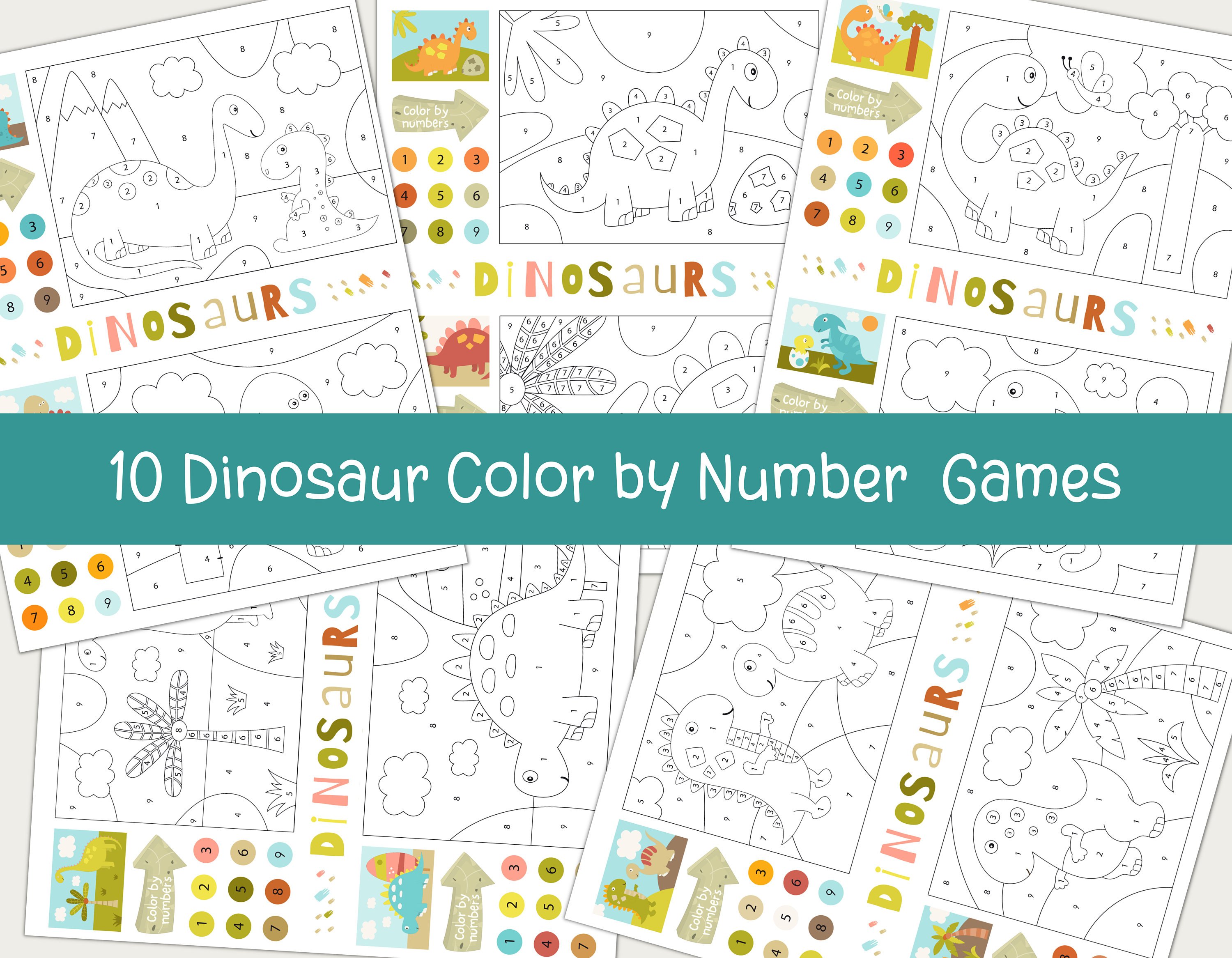 Dinosaurs Themed Color by Numbers Activity Pages for Kids, Home School ...