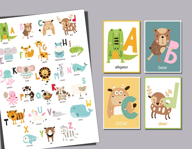 Animal ABC Flash Cards, Mini-poster Animal Flash Cards Learning Cards ...