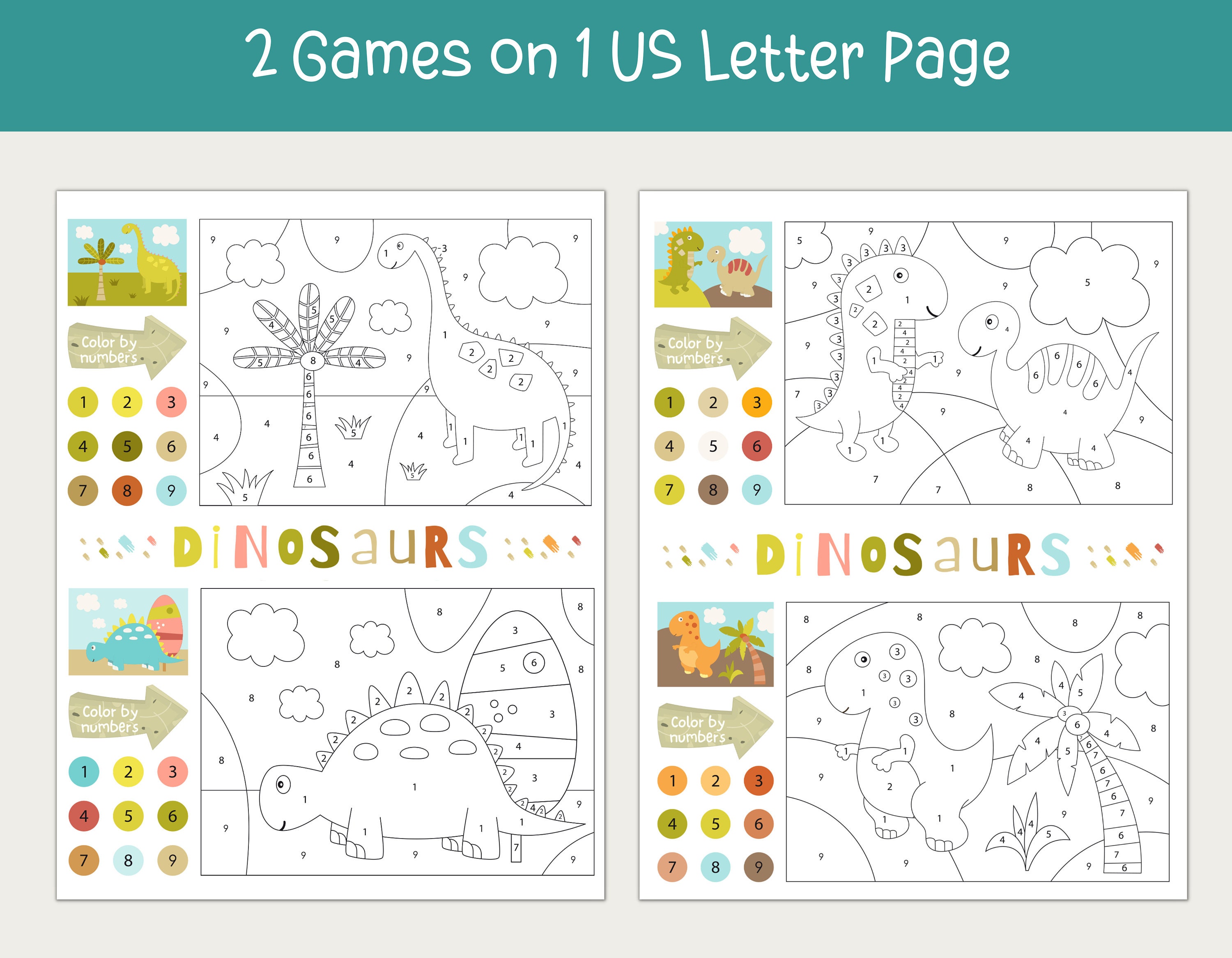 Dinosaurs Themed Color by Numbers Activity Pages for Kids, Home School ...
