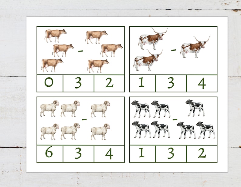 FARM ANIMALS Subtraction Clip Cards 1 to 10 Early Math - Etsy
