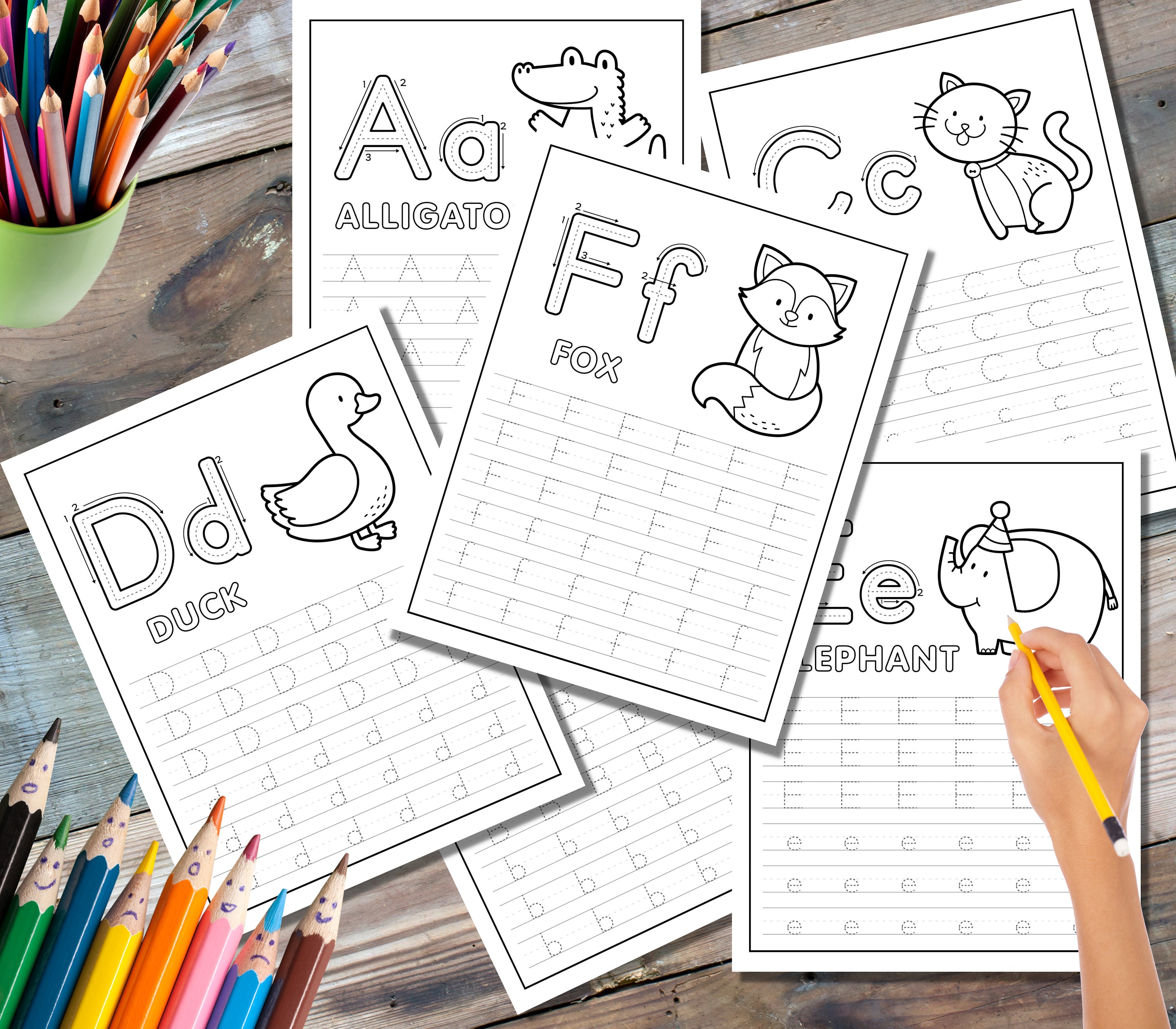 ANIMAL ABC Coloring and Tracing Worksheets, A to Z, Preschool Activity ...
