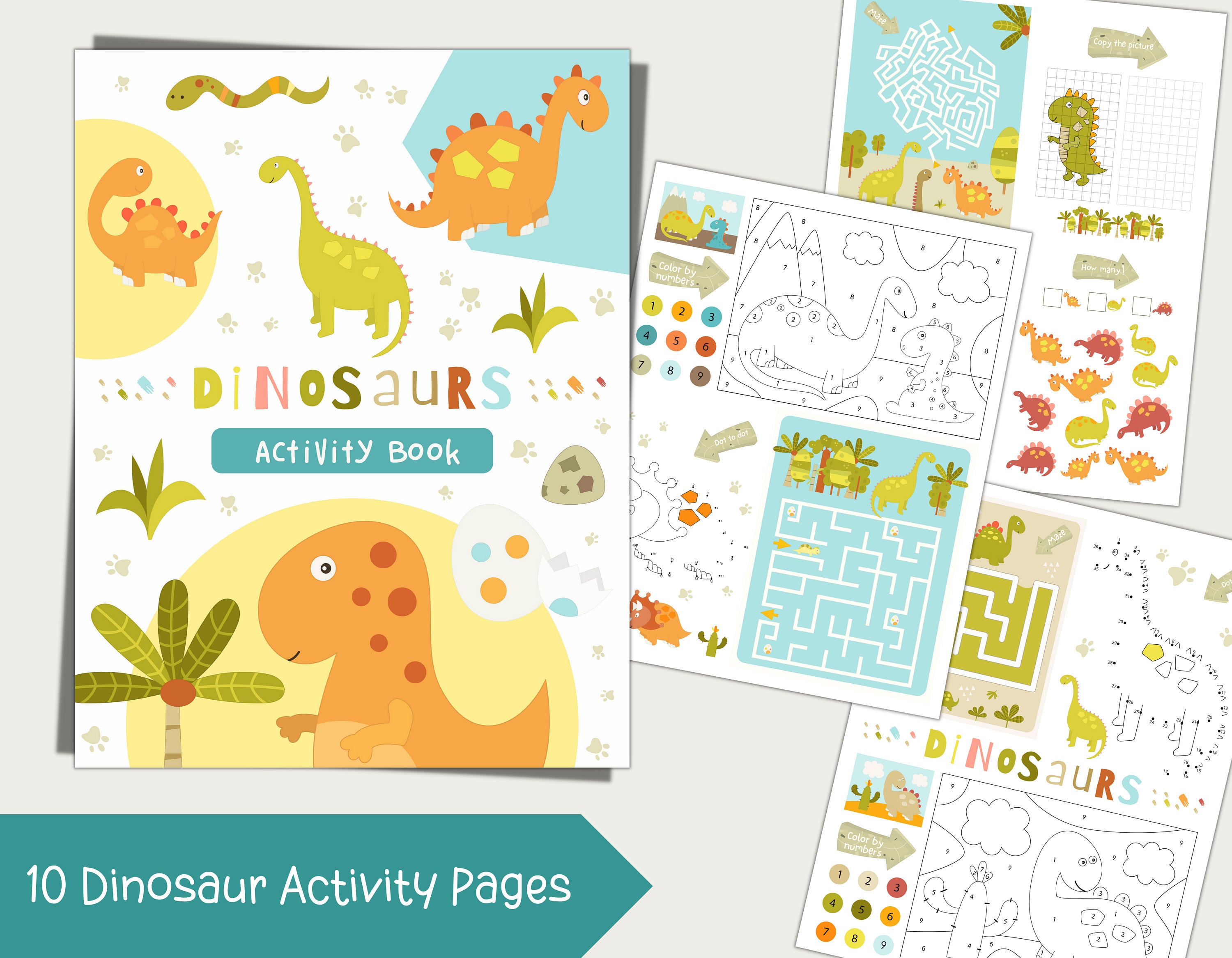 DINOSAUR Activity Book, 10 Printable Kids Activity Pages, Home School ...