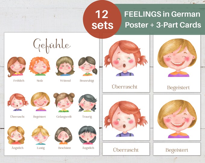 Emotions Cards and Poster in German, Emotions Poster for Kids Room, Feelings Cards and Poster ...