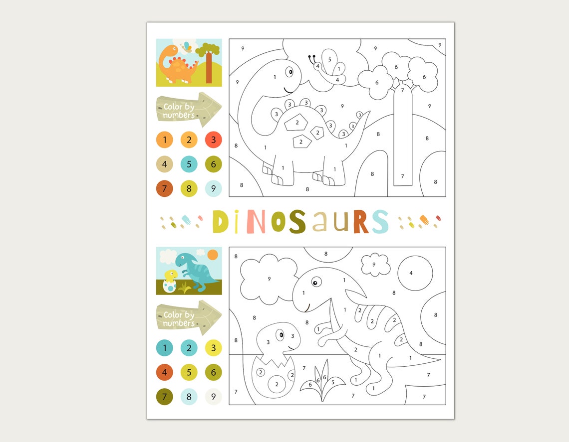Dinosaurs Themed Color by Numbers Activity Pages for Kids, Home School ...
