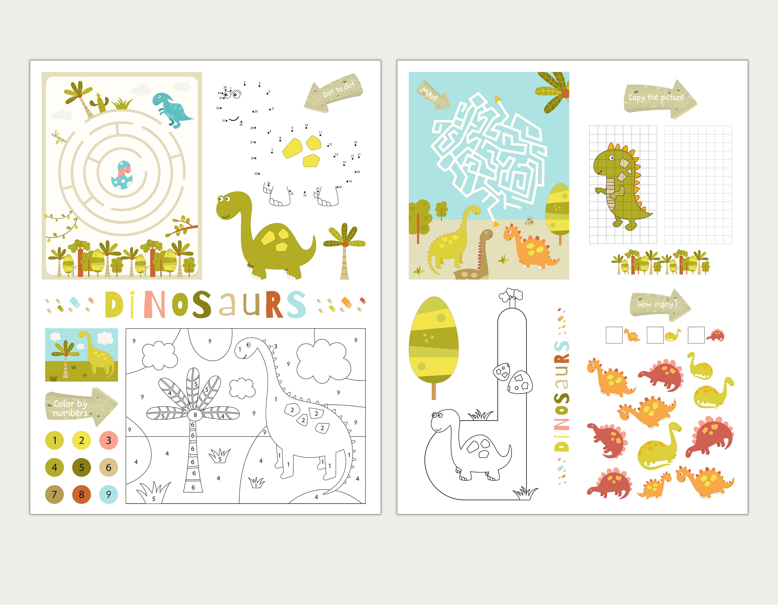 DINOSAUR Activity Book, 10 Printable Kids Activity Pages, Home School ...
