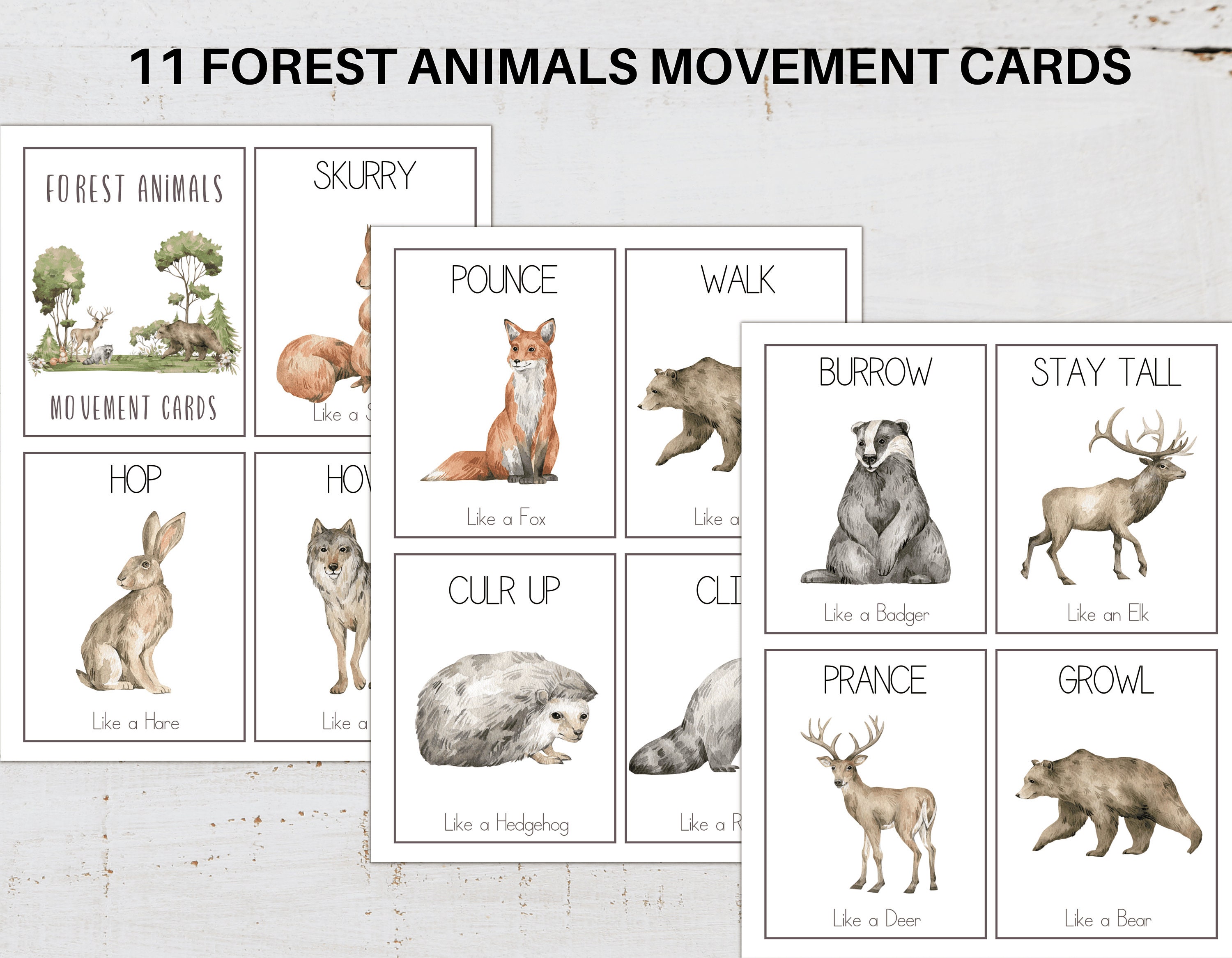 ANIMAL MOVEMENT CARDS, Forest Animals, Calm Down Activity, Kids ...