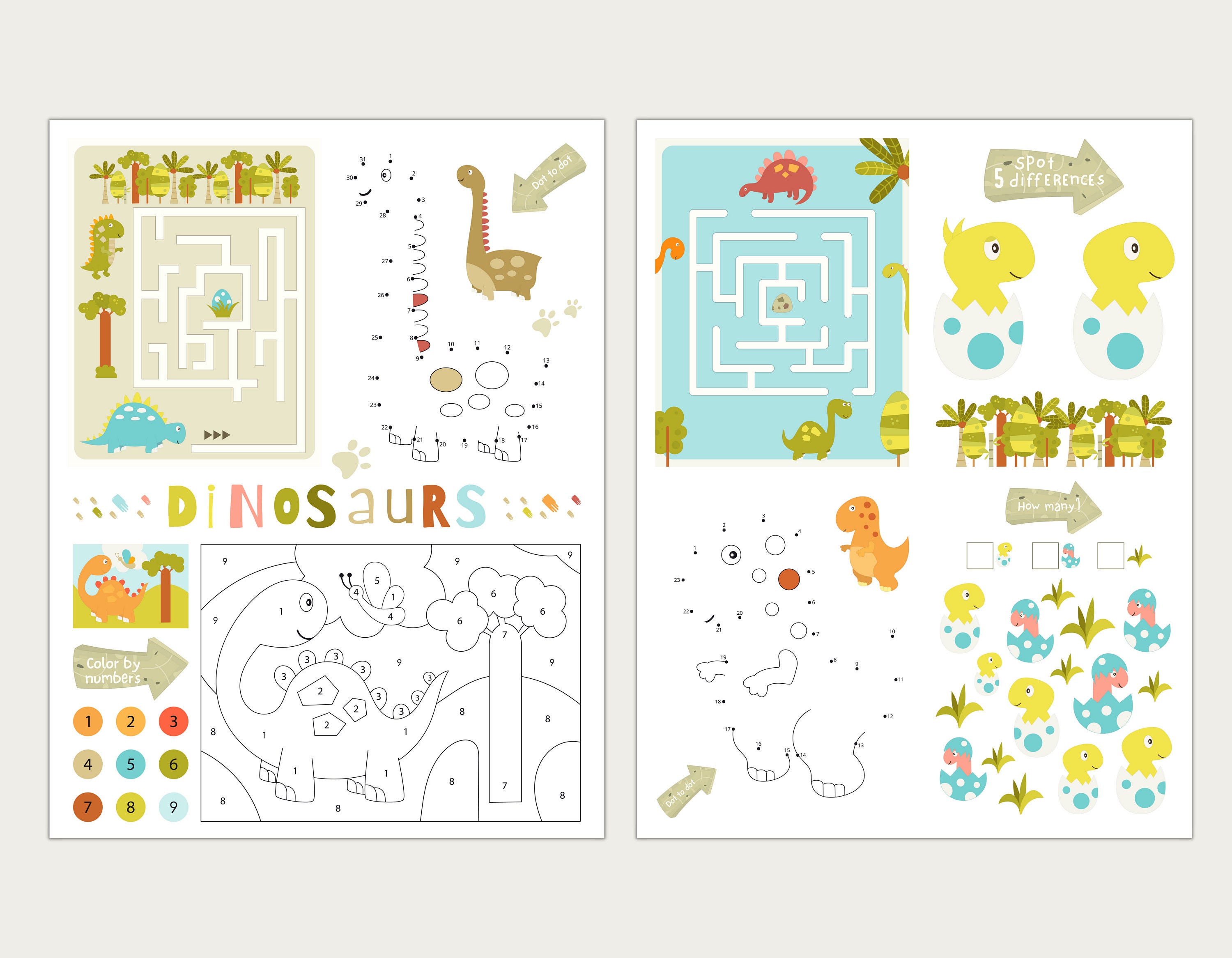 DINOSAUR Activity Book 2, 11 Printable Kids Activity Pages, Home School ...