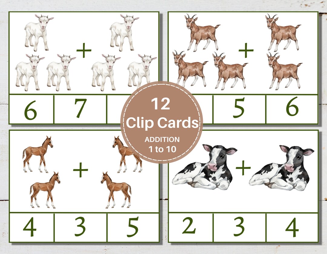 FARM ANIMALS Addition Clip Cards, 1 to 10, Early Math Activity for Kids ...