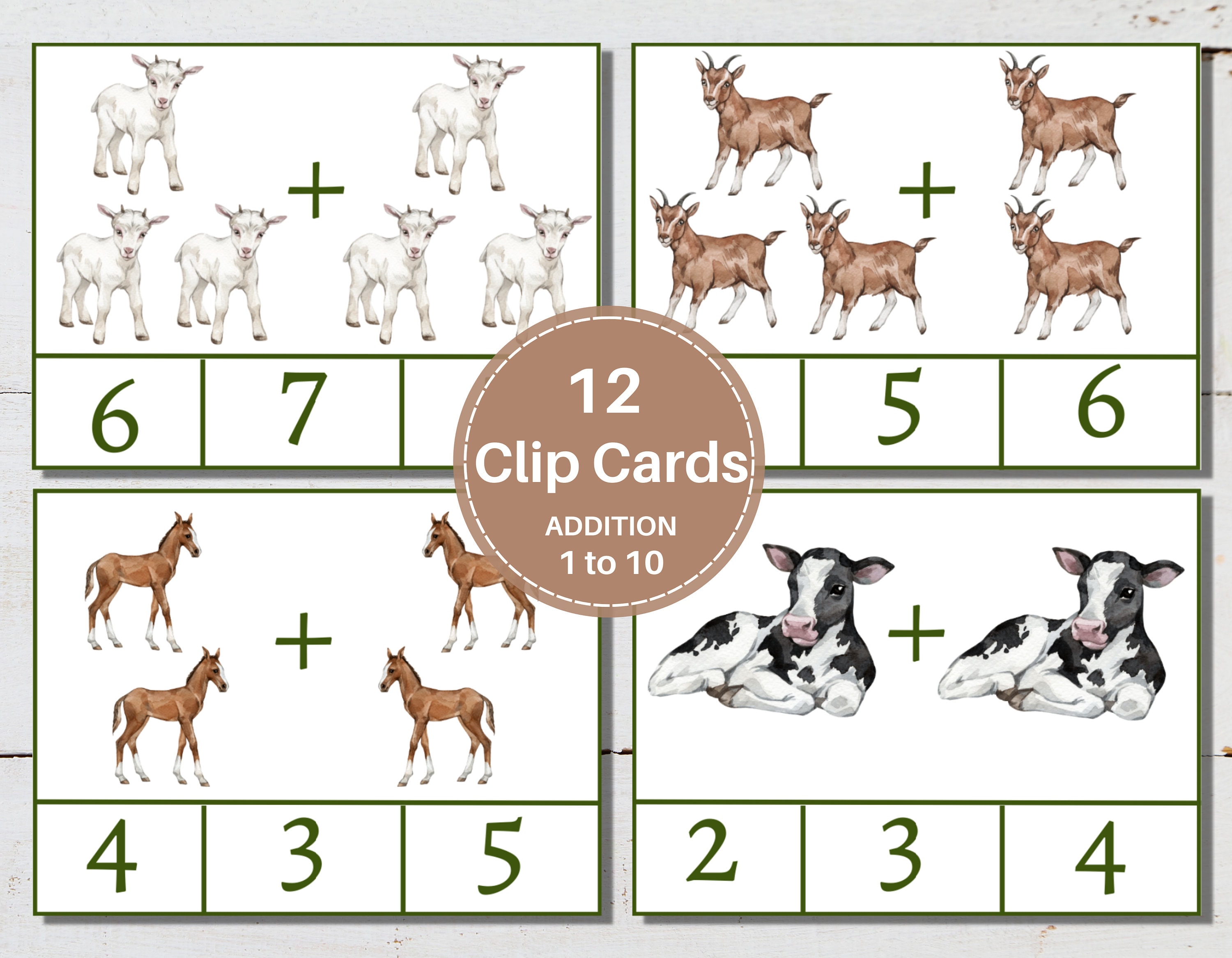 FARM ANIMALS Addition Clip Cards, 1 to 10, Early Math Activity for Kids ...