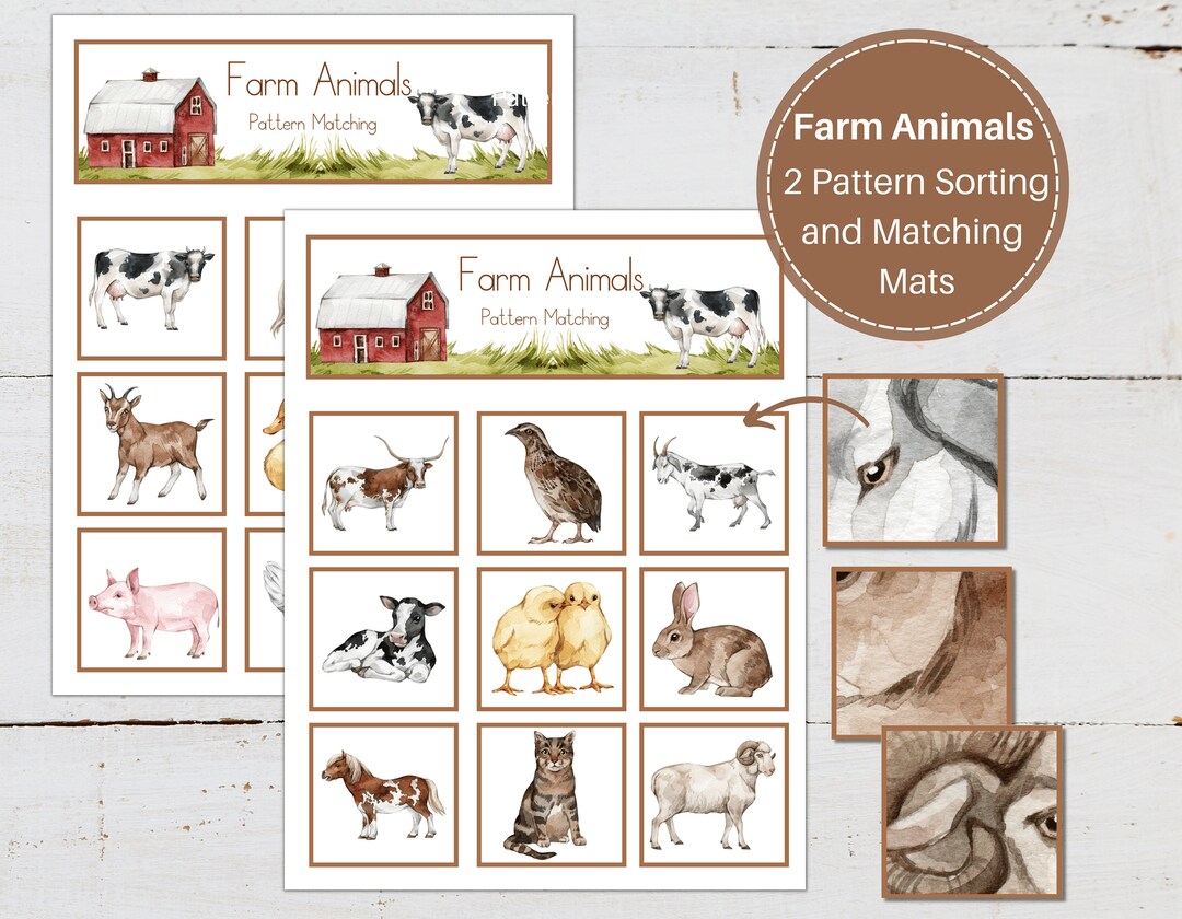 FARM ANIMALS Pattern Matching Mat, Montessori, Nature Study Cards ...