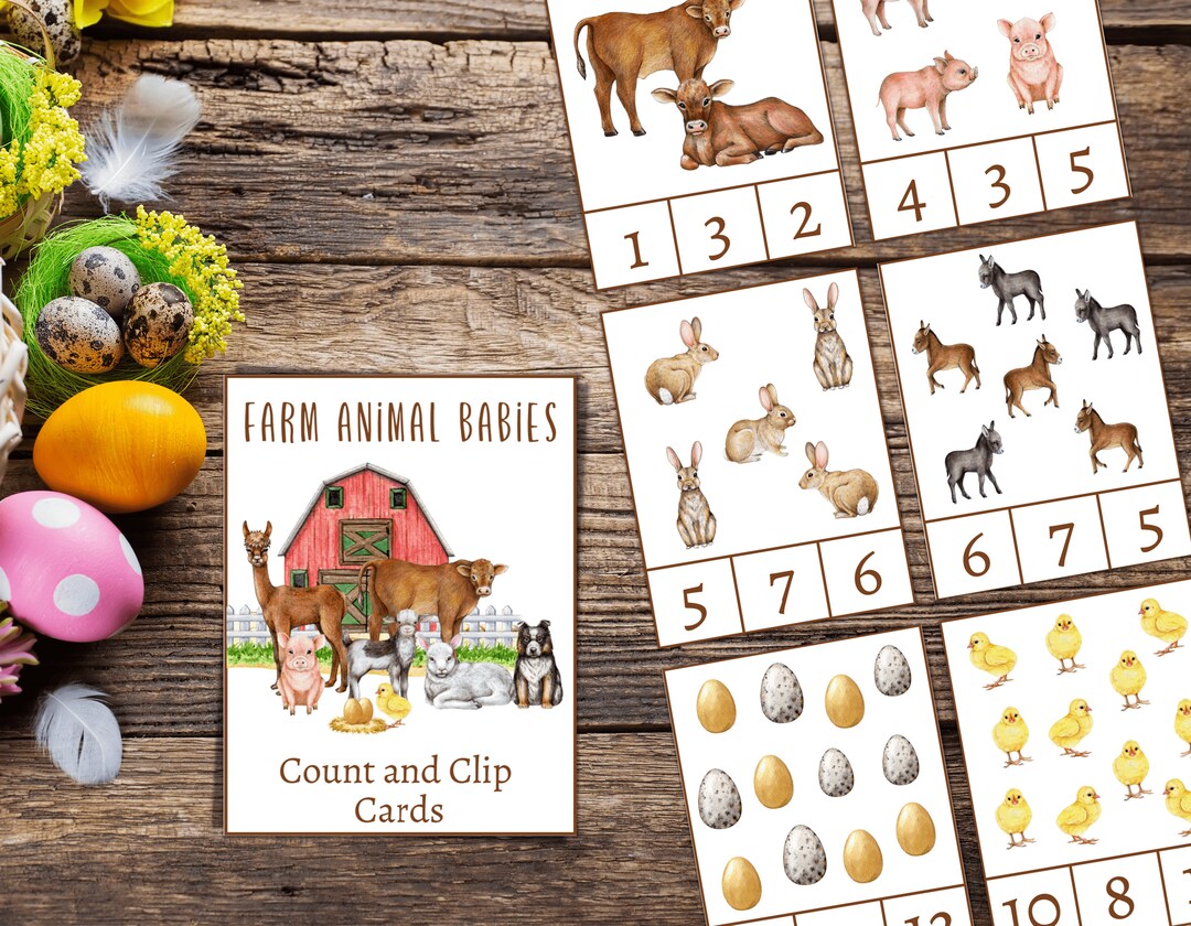 FARM BABY ANIMALS Count and Clip Cards, 1 to 12 Counting, Spring ...
