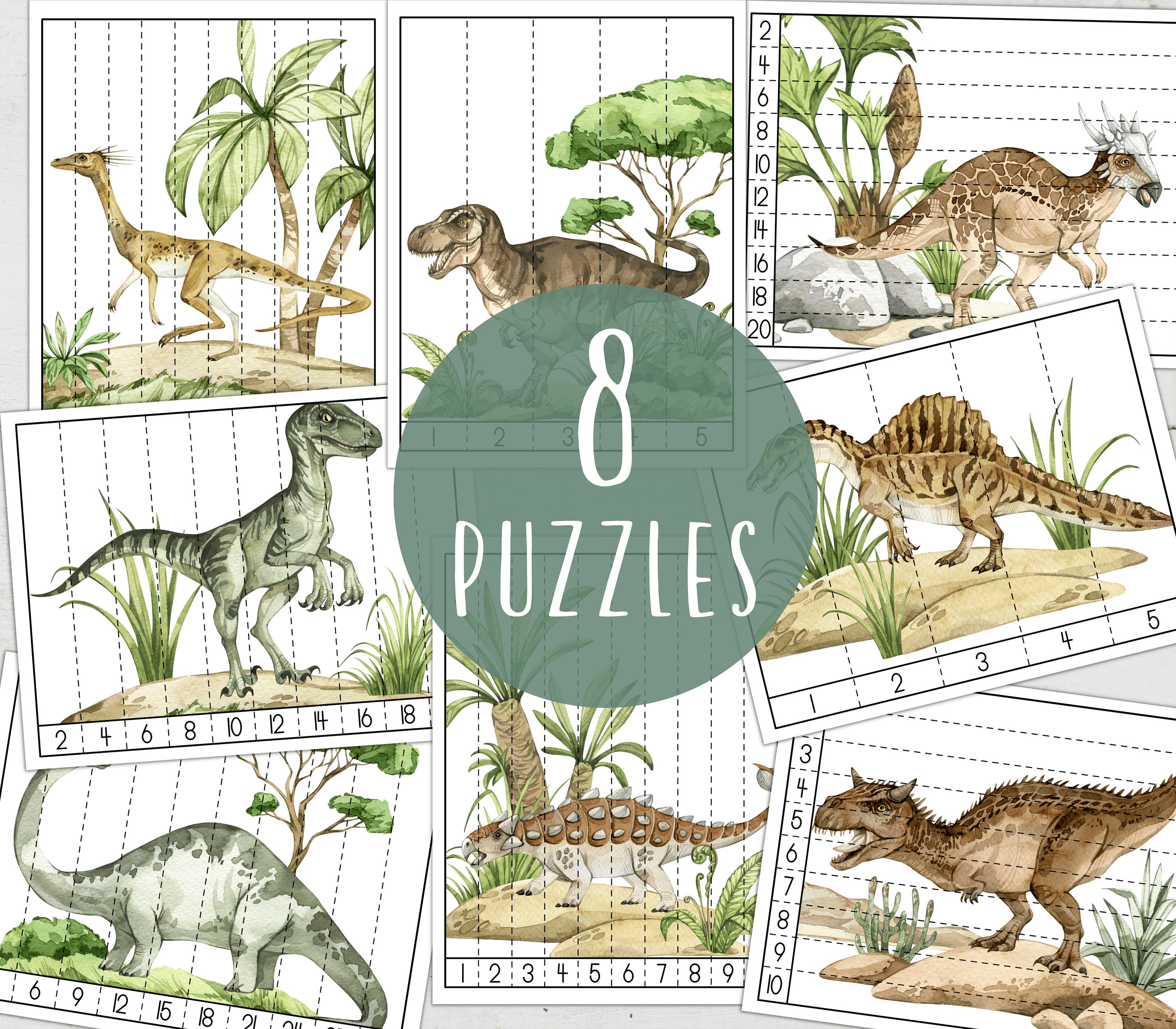 DINOSAURS Number Sequence Puzzles, Skip Counting, Printable, Preschool ...