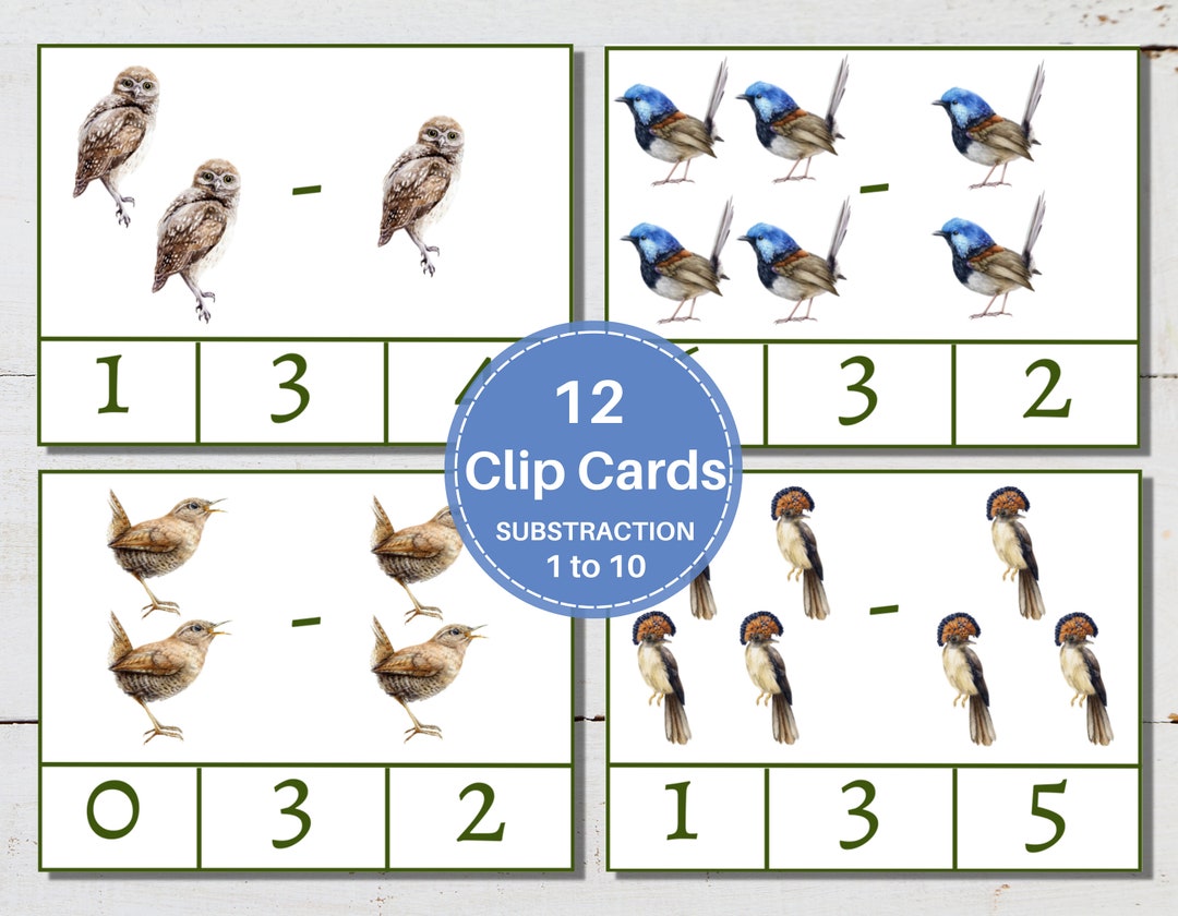 BIRDS Subtraction Clip Cards, 1 to 10, Early Math Activity for Kids ...