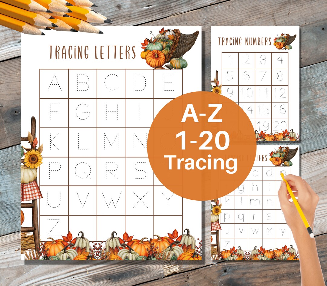 ABC and NUMBER Tracing Worksheets, Autumn Activity, A-A, 1 to 20 ...